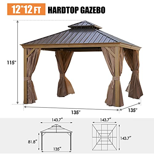 Goohome 12 x 12FT Hardtop Gazebo, Aluminum Frame Double Roof Canopy with Mosquito Net and Curtains, Outdoor Permanent Hard Top Waterproof Pergola for Shade and Rain for Lawn, Deck,Patio