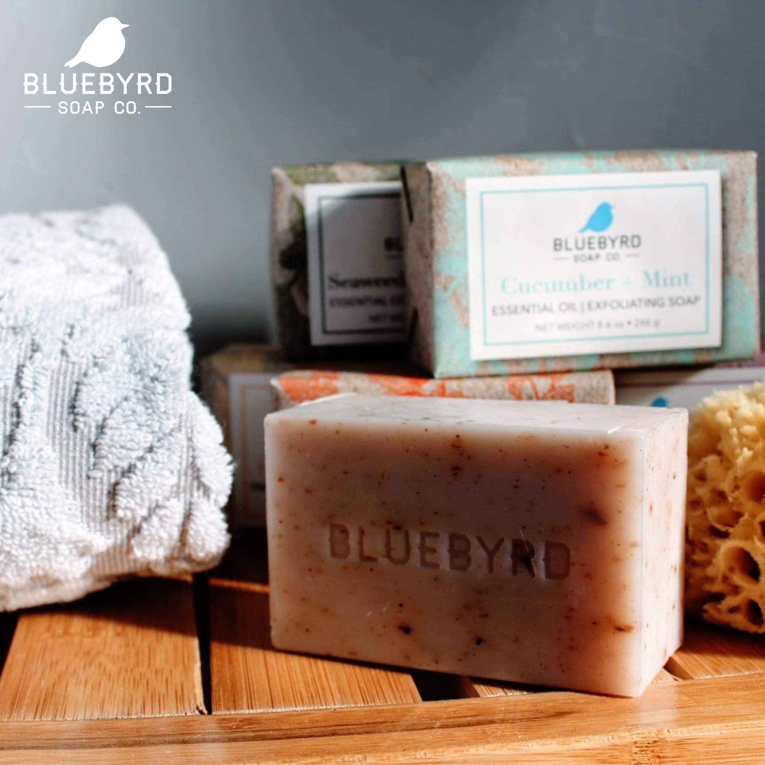 BLUEBYRD Soap Eucalyptus & Seaweed Exfoliating Large Soap Bar, 100% Vegan Cold Press Scented w/Essential Oils, Body Soap Scrub for Men & Women, Natural Oatmeal, Shea Butter, Olive Oil, 8.6oz