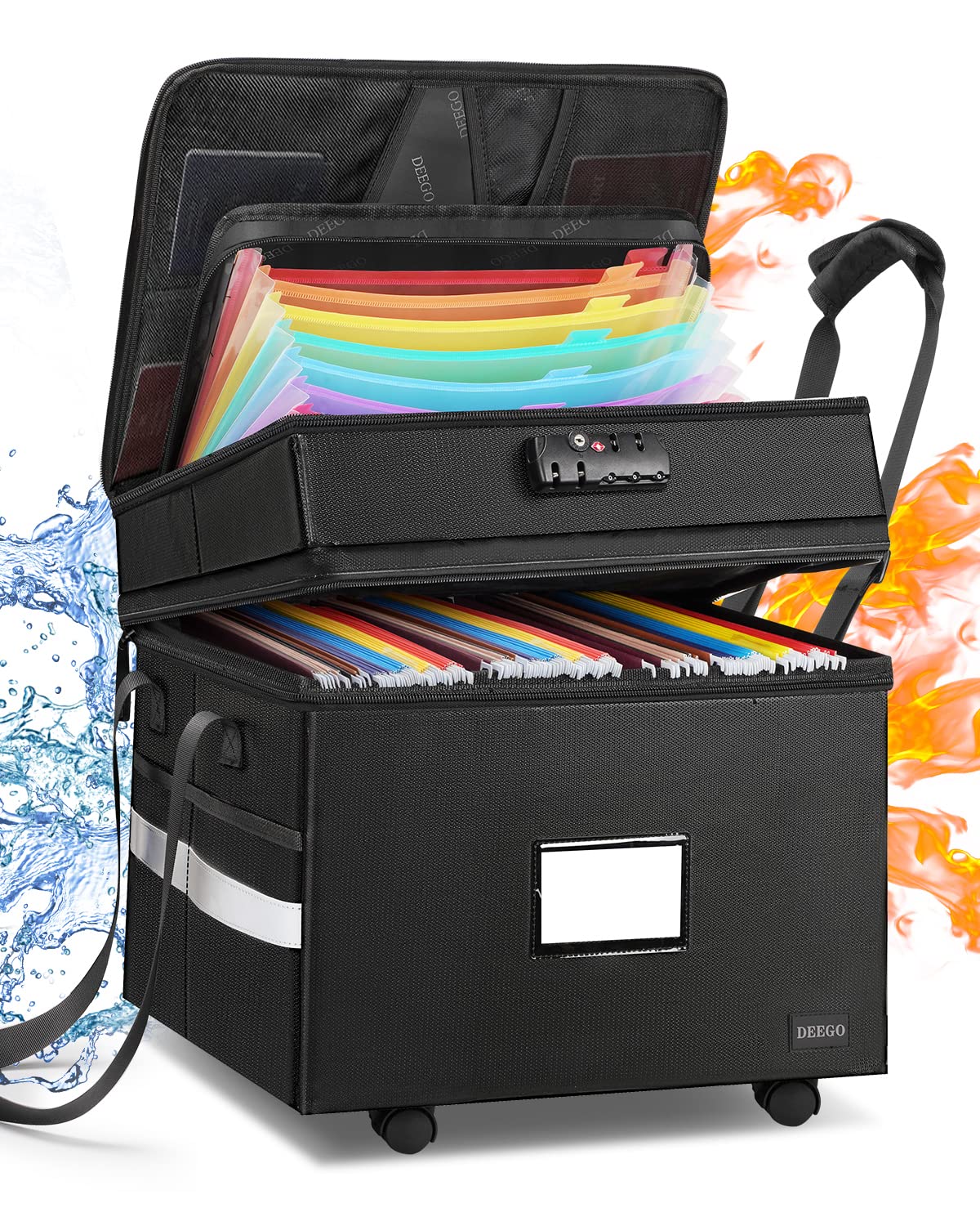 DEEGO Rolling File Box, Fireproof Document Box with Wheels Multi-Layer Water-Resistant File Organizer Portable file Cabinet Document Safe filing box for Home Office for Hanging Letter/Legal Folder