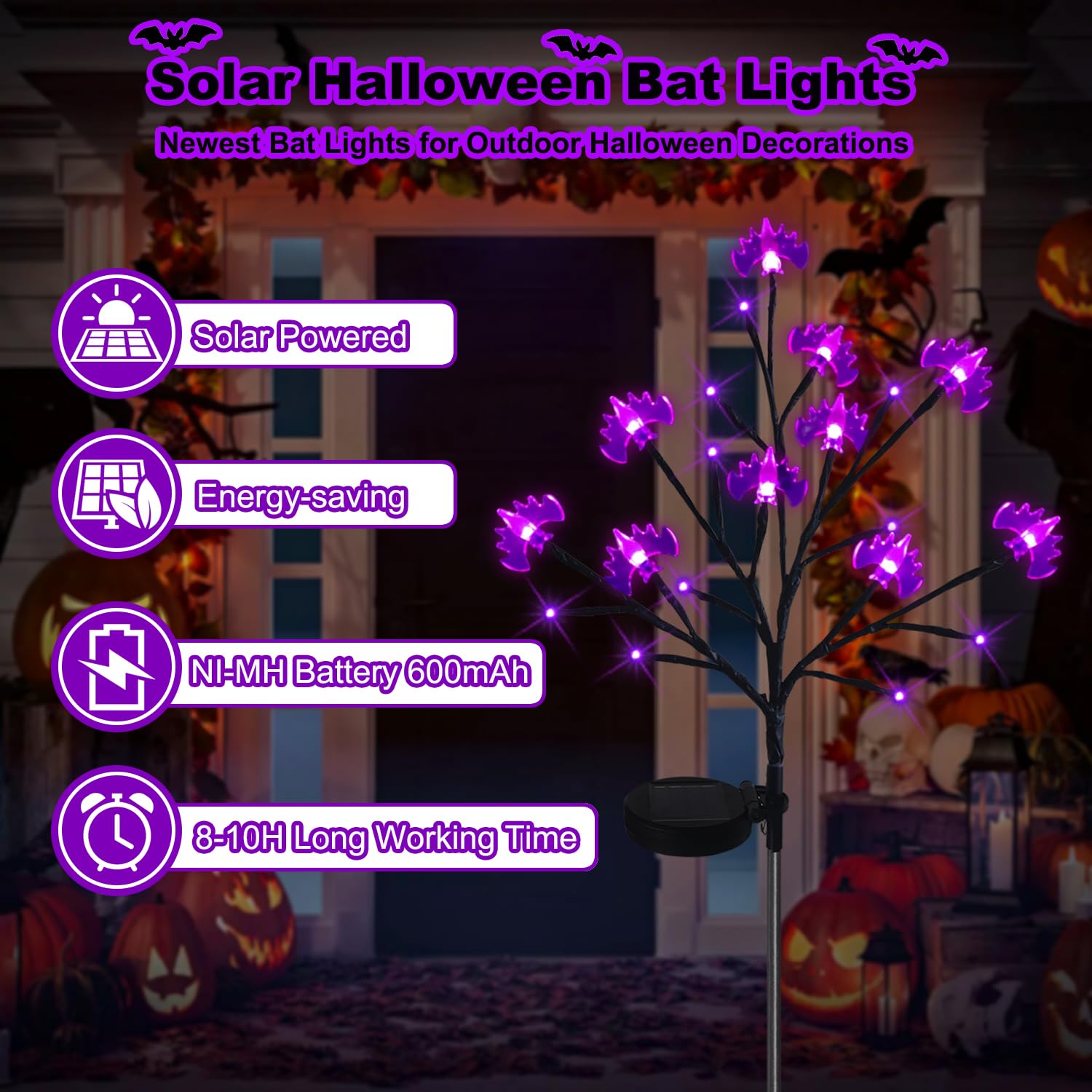2 Packs 40LEDs Solar Halloween Bat Stake Lights, 2 Modes Purple Halloween Bat Lights for Outdoor Halloween Decorations, Waterproof Solar Halloween Lights Stakes for Garden Yard Pathway Walkway
