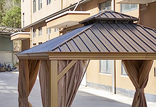 Goohome 12 x 12FT Hardtop Gazebo, Aluminum Frame Double Roof Canopy with Mosquito Net and Curtains, Outdoor Permanent Hard Top Waterproof Pergola for Shade and Rain for Lawn, Deck,Patio