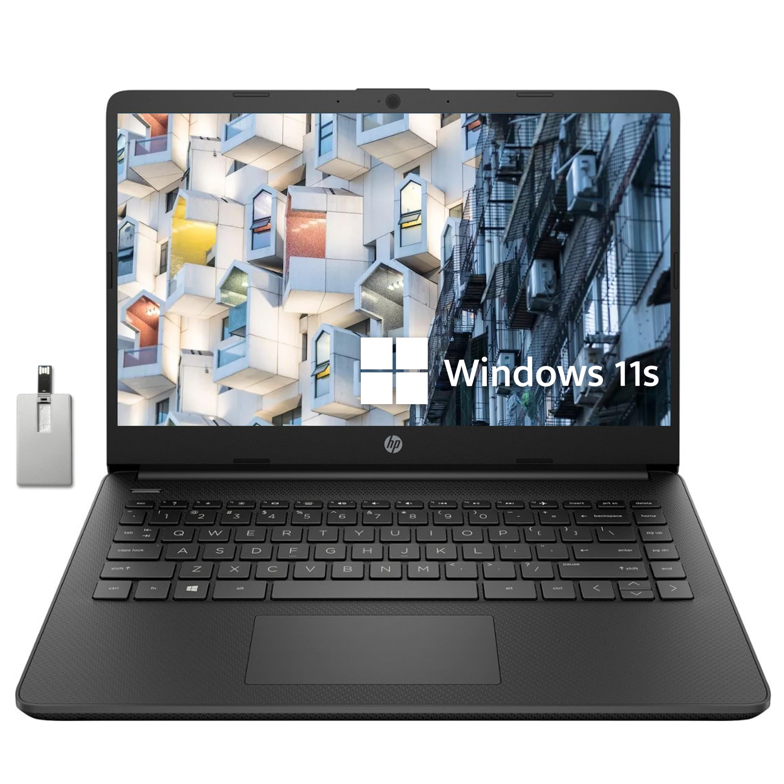 HP Stream 14" HD BrightView Laptop, Intel Celeron N4120, 8GB RAM, 64GB eMMC, Intel UHD Graphics, 720p Webcam, 1 Year Office 365, Black, Win 11 S, 32GB Hotface USB Card
