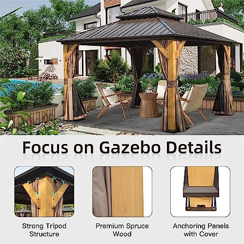 UBGO Hardtop Gazebo12x12ft,Outdoor Permanent Metal Pavilion with Galvanized Steel Double Roof,Outdoor Cedar Wood Frame Canopy with Curtains and Netting for Patio,Backyard and Lawn(Brown)