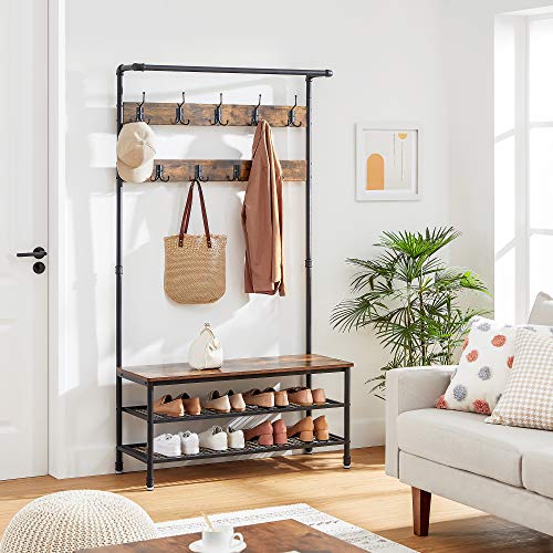 VASAGLE DAINTREE 3-in-1 Entryway Coat Rack and Storage Bench, Pipe Style Hall Tree with 9 Hooks, Multifunctional, Sturdy Steel Frame, Large Size, Industrial, Rustic Brown and Black UHSR47BX