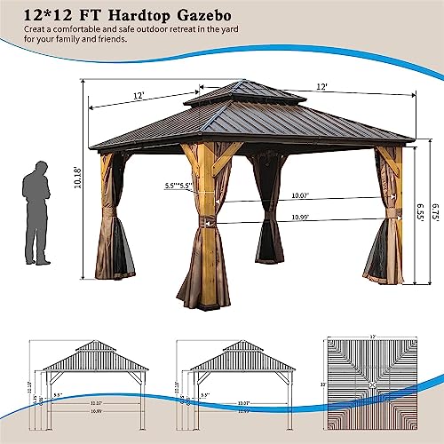 UBGO Hardtop Gazebo12x12ft,Outdoor Permanent Metal Pavilion with Galvanized Steel Double Roof,Outdoor Cedar Wood Frame Canopy with Curtains and Netting for Patio,Backyard and Lawn(Brown)