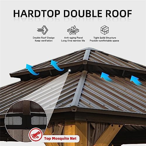 UBGO Hardtop Gazebo12x12ft,Outdoor Permanent Metal Pavilion with Galvanized Steel Double Roof,Outdoor Cedar Wood Frame Canopy with Curtains and Netting for Patio,Backyard and Lawn(Brown)