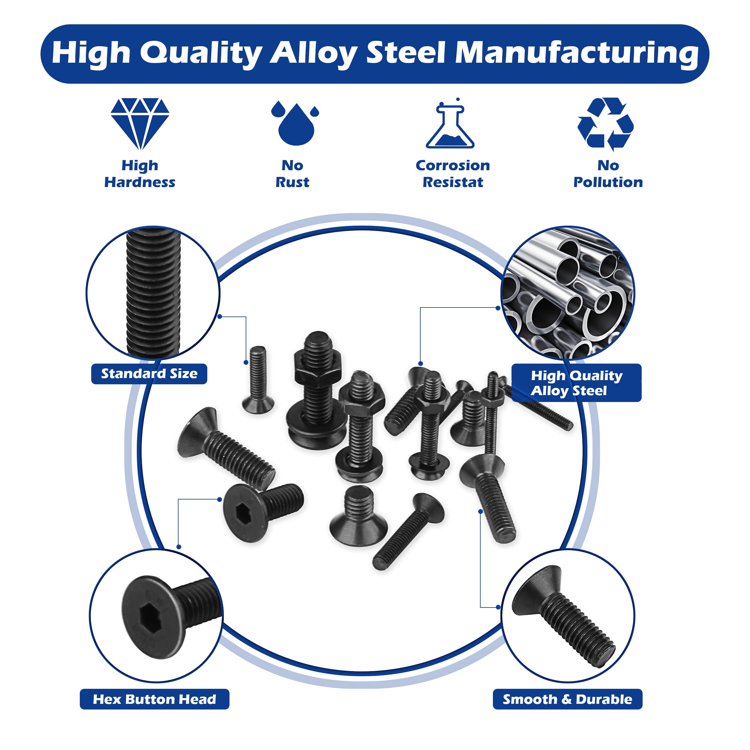 JROUTH 1500pcs Screws Assortment , M2 M3 M4 M5 10.9 Grade Alloy Steel Hex Flat Head Cap Bolts Nuts Washers Assortment Kit with Hex Wrenches