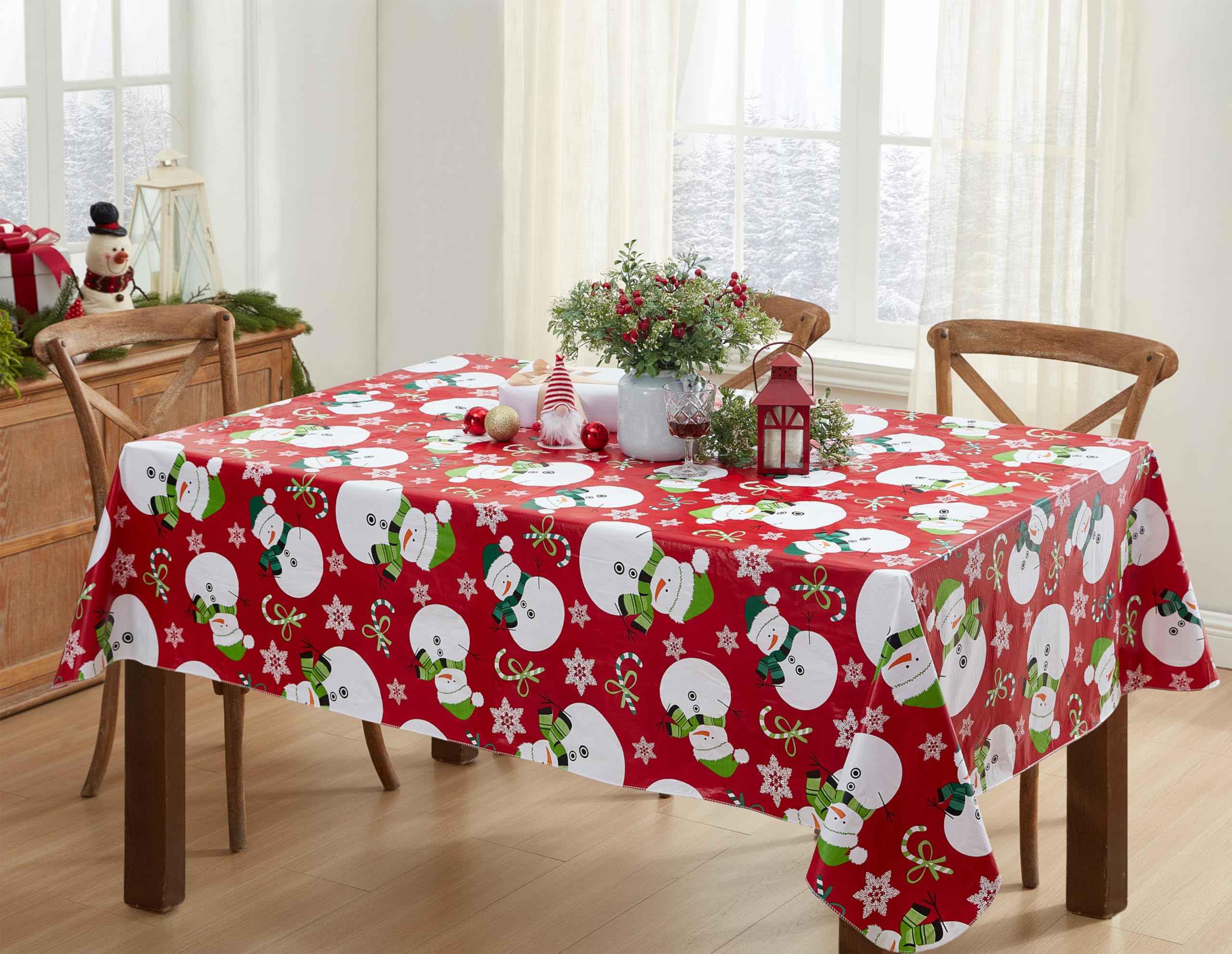 Newbridge Red Swirling Snowman Christmas Vinyl Tablecloth with Flannel Backing, Candy Cane and Snowflakes Xmas Easy Care Vinyl Winter Holiday Tablecloth, 60” x 102” Oblong/Rectangle