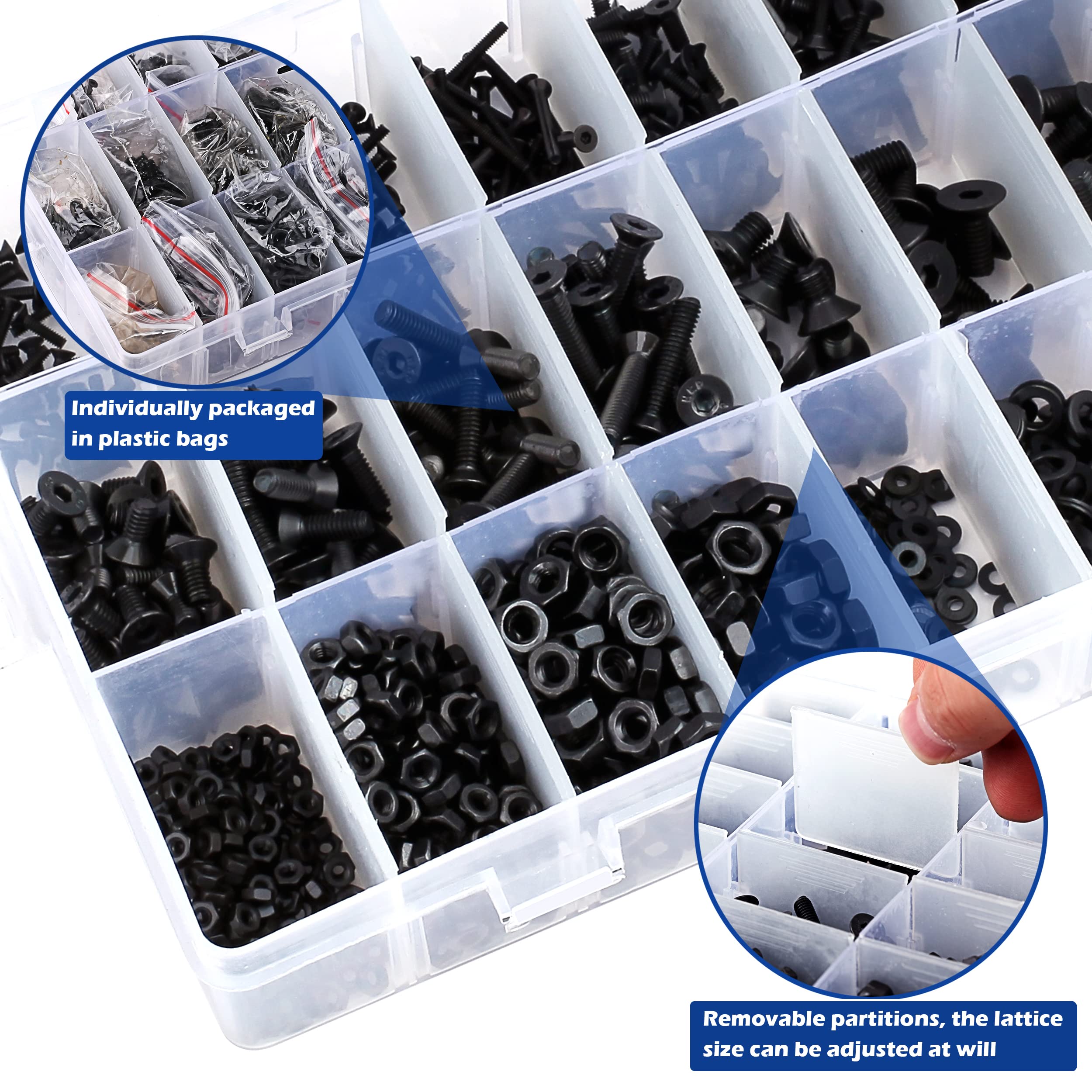 JROUTH 1500pcs Screws Assortment , M2 M3 M4 M5 10.9 Grade Alloy Steel Hex Flat Head Cap Bolts Nuts Washers Assortment Kit with Hex Wrenches