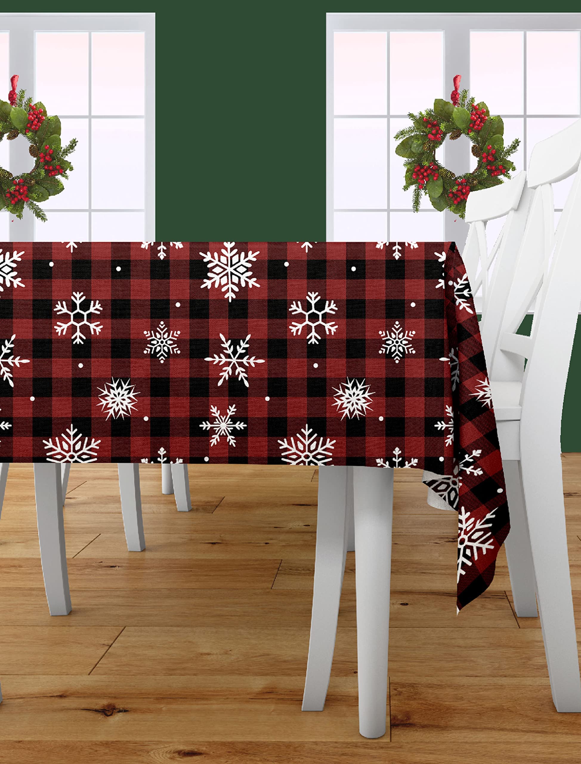 Lintex Red/Black Snowflake Plaid Festive Christmas Fabric Tablecloth, Red, Black and White Plaid Country Rustic Xmas Holiday Tablecloth, 70” Round