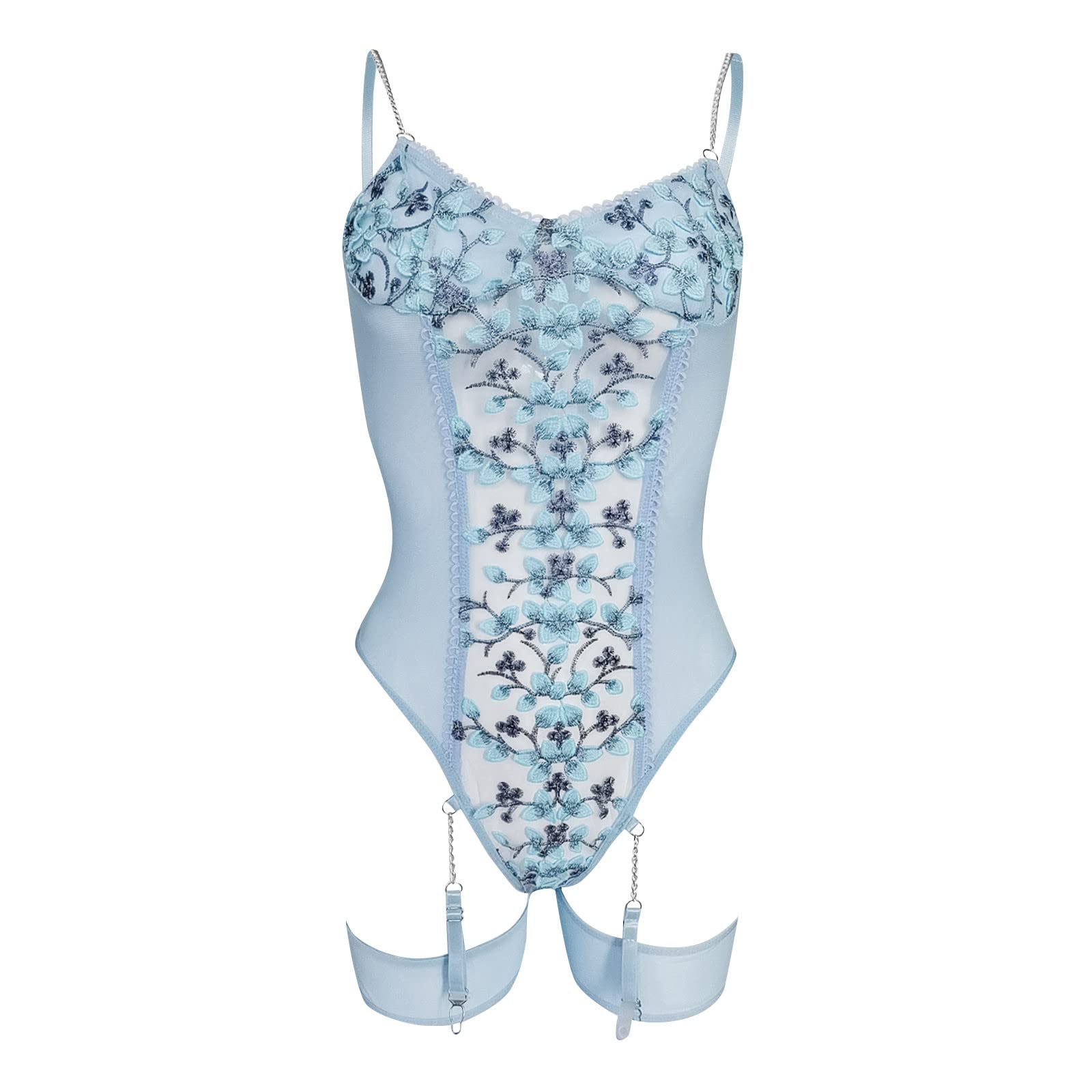 Sexy Lingerie for Women Strappy V Neck Floral Embroidered Lace Bodysuits Snap Crotch Chain One Piece Teddy with Garter Belt