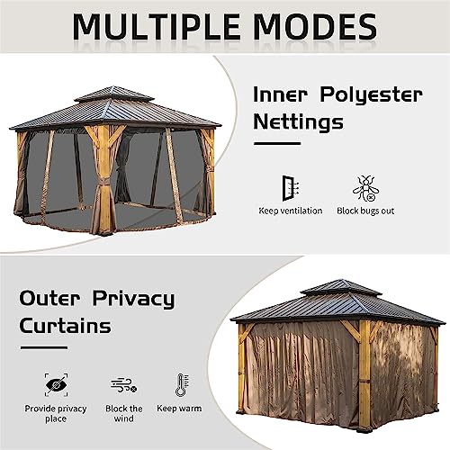 Evedy Hardtop Gazebo12x12ft,Outdoor Permanent Metal Pavilion with Galvanized Steel Double Roof,Outdoor Cedar Wood Frame Canopy with Curtains and Netting for Patio,Backyard and Lawn(Brown)