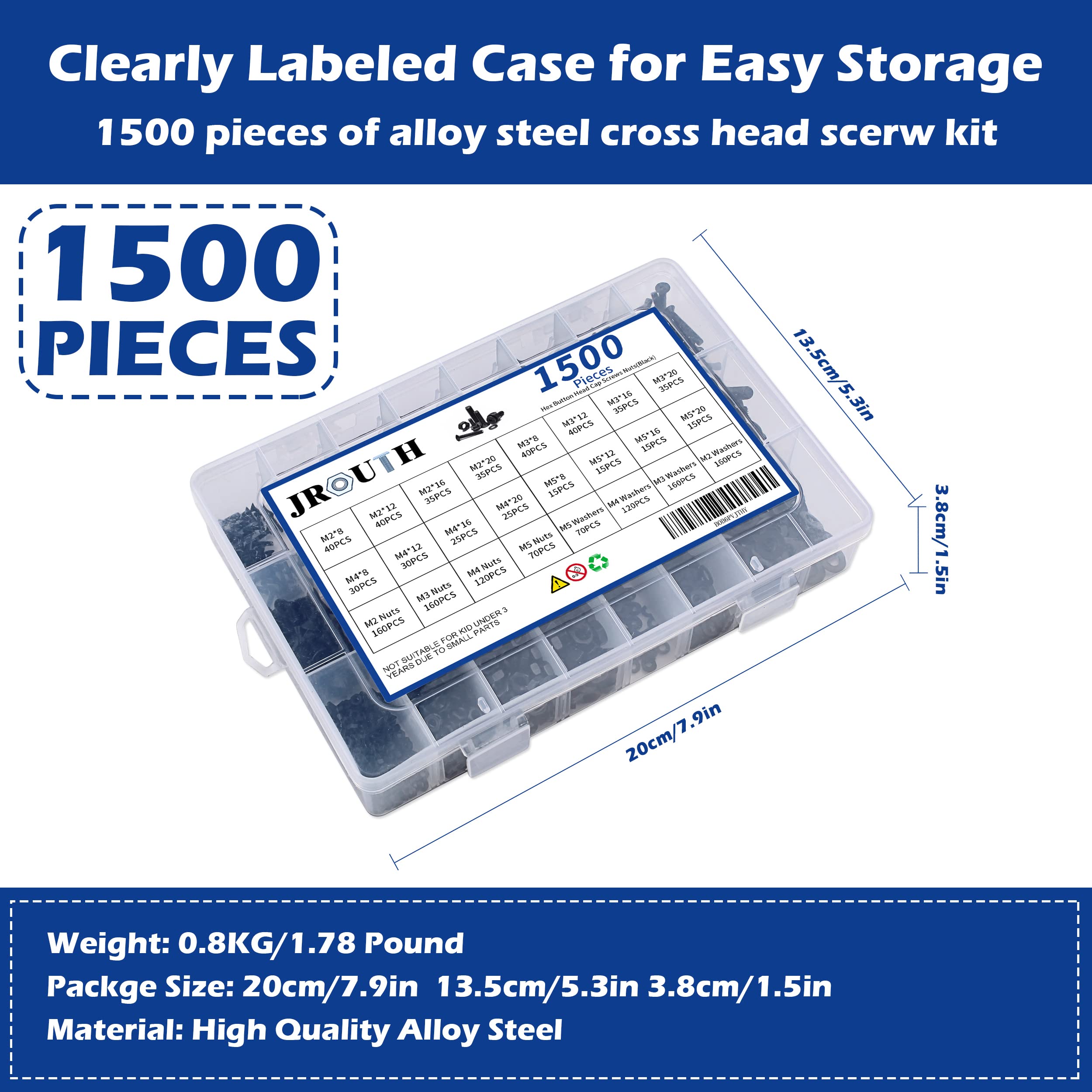 JROUTH 1500pcs Screws Assortment , M2 M3 M4 M5 10.9 Grade Alloy Steel Hex Flat Head Cap Bolts Nuts Washers Assortment Kit with Hex Wrenches