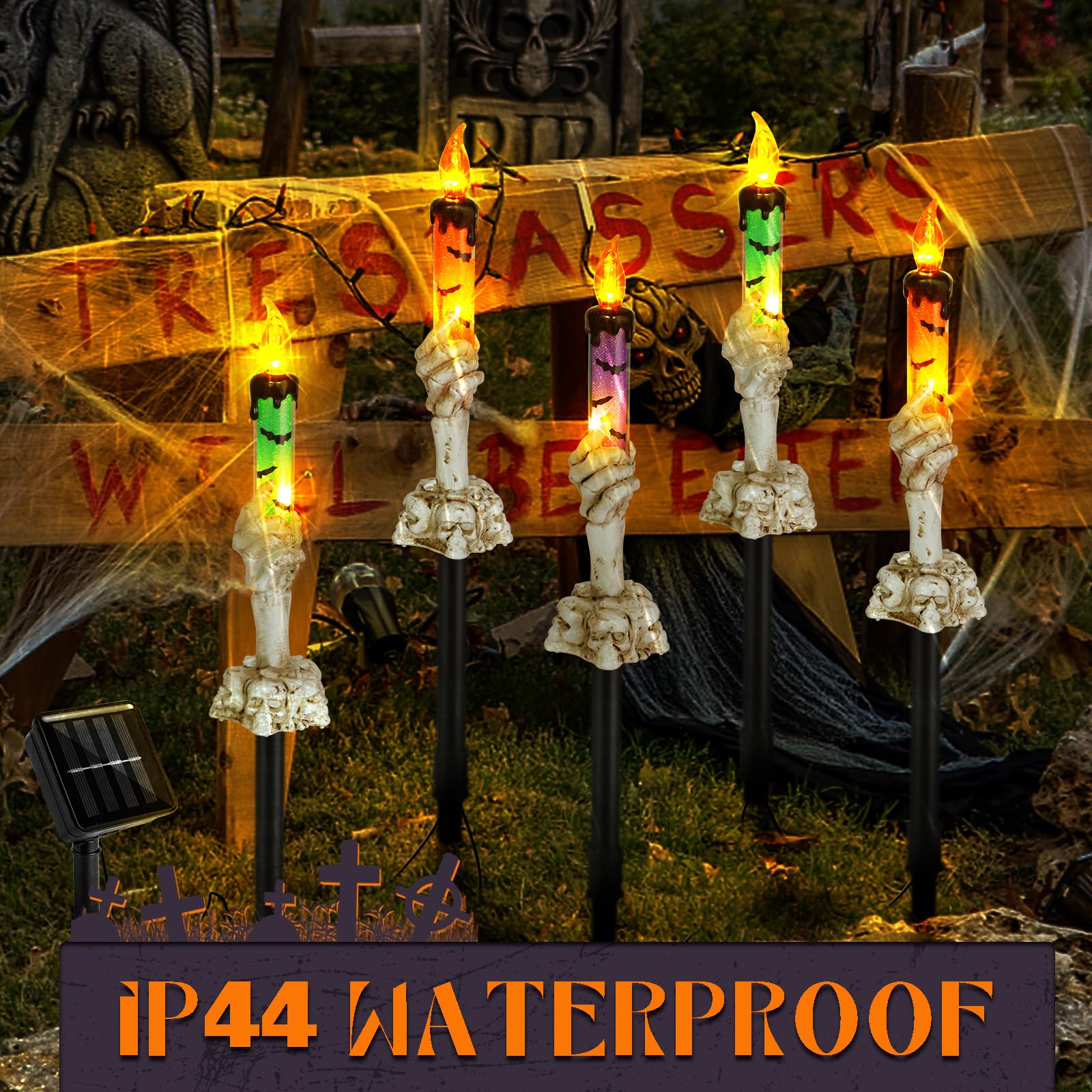 Solar Halloween Pathway Lights Outdoor 5 Pack Solar Halloween Stake Lights Skeleton Hands Hold Candle 2 Modes Halloween Decorations Halloween Walkway Lights for Halloween Garden, Yard, Lawn Decor