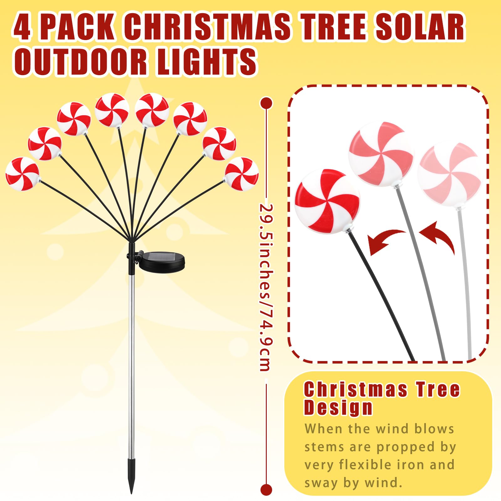VIHOSE 4 Pack Christmas Solar Outdoor Lights Waterproof Swaying Light LED Firefly Solar Pathway Lights Solar Lights Outdoor with Stake for Garden Yard Patio Xmas Halloween Decorations (Candy Cane)