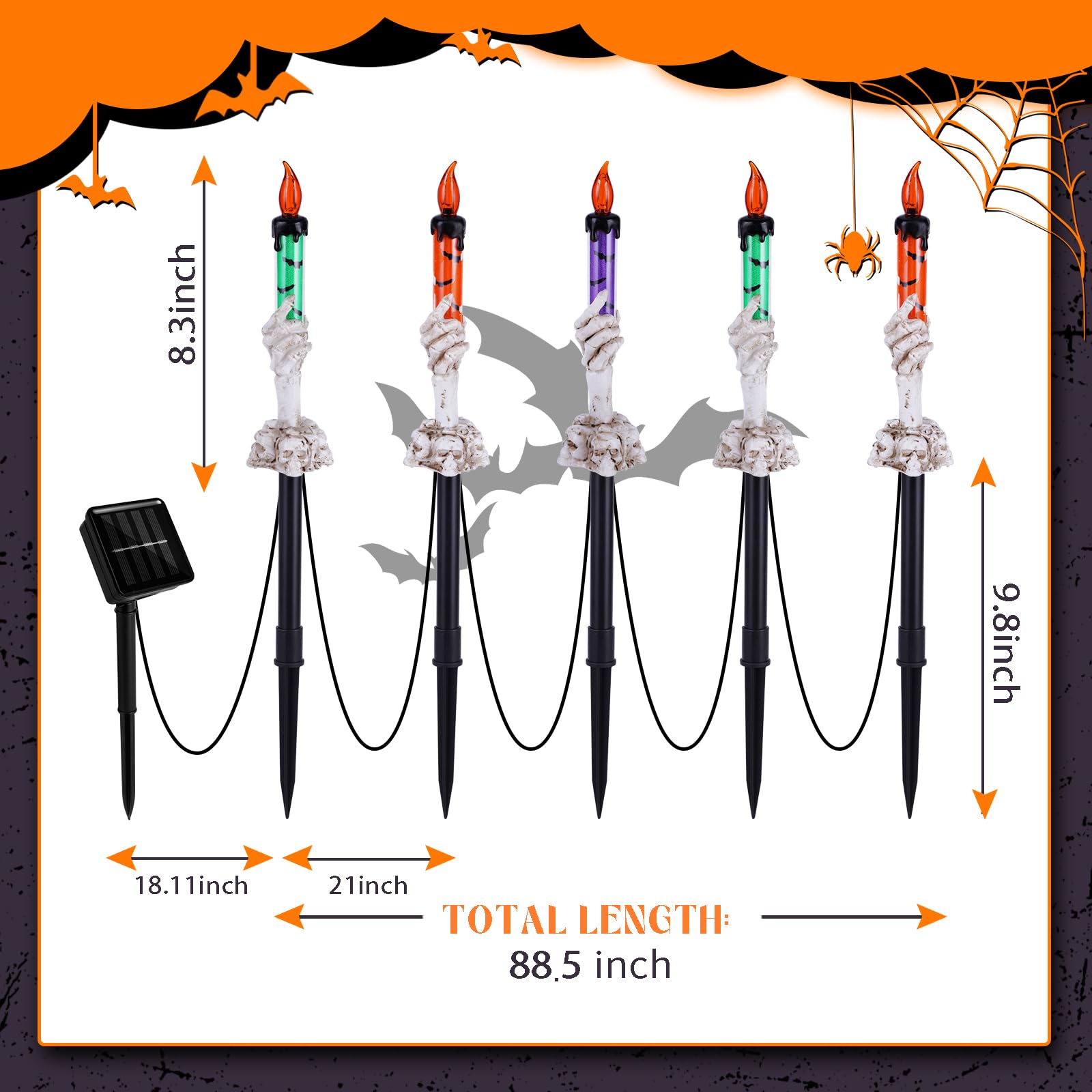 Solar Halloween Pathway Lights Outdoor 5 Pack Solar Halloween Stake Lights Skeleton Hands Hold Candle 2 Modes Halloween Decorations Halloween Walkway Lights for Halloween Garden, Yard, Lawn Decor
