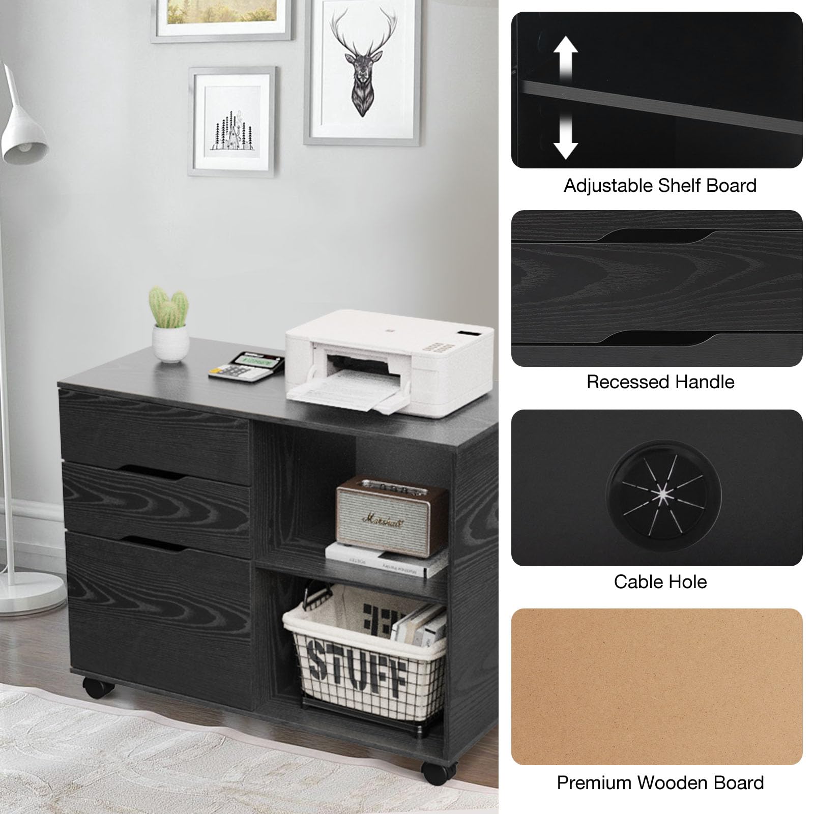 OLIXIS 3 Drawer Wood File Cabinet Small Mobile Lateral Printer Stand Storage with Open Shelf Shelves for Home Office