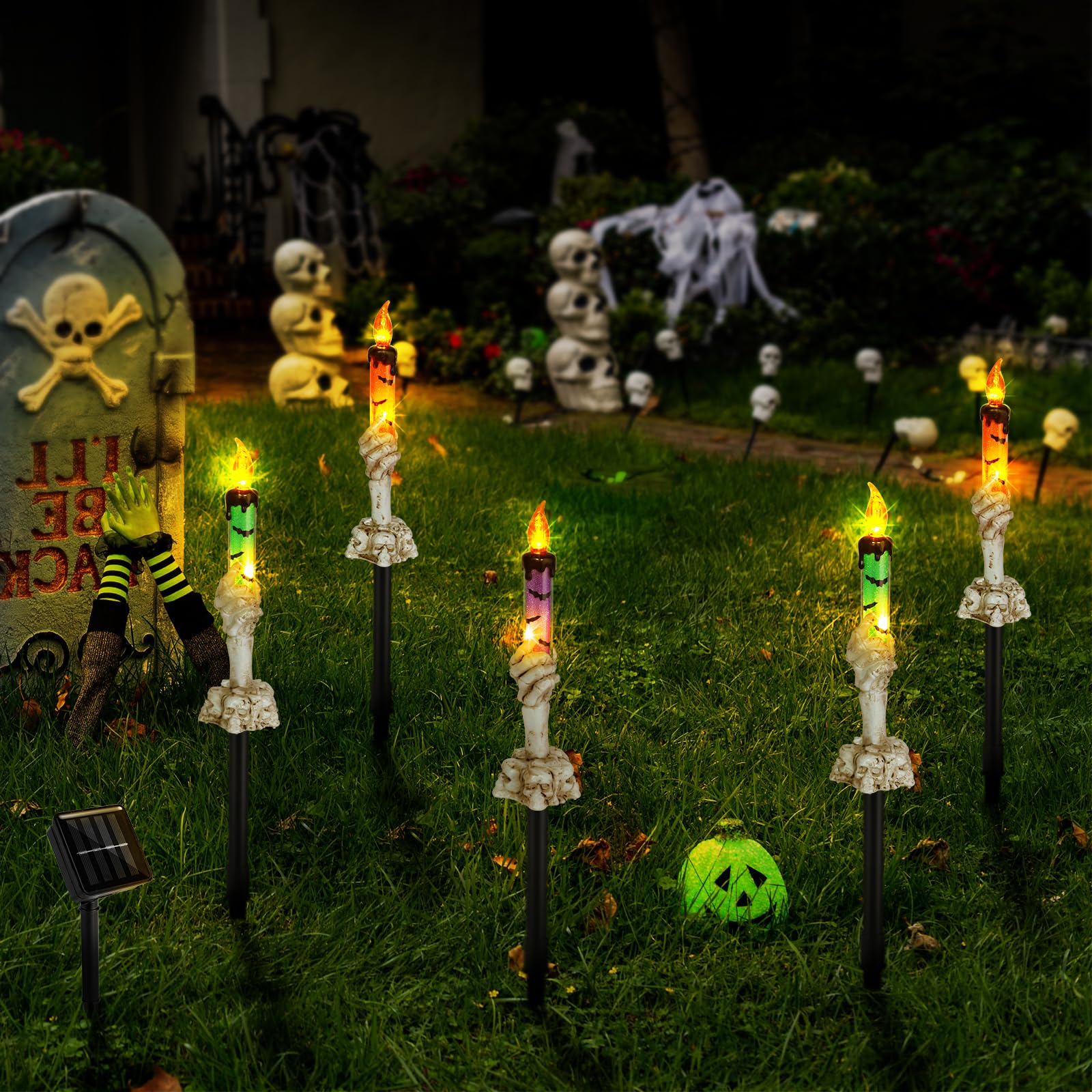 Solar Halloween Pathway Lights Outdoor 5 Pack Solar Halloween Stake Lights Skeleton Hands Hold Candle 2 Modes Halloween Decorations Halloween Walkway Lights for Halloween Garden, Yard, Lawn Decor