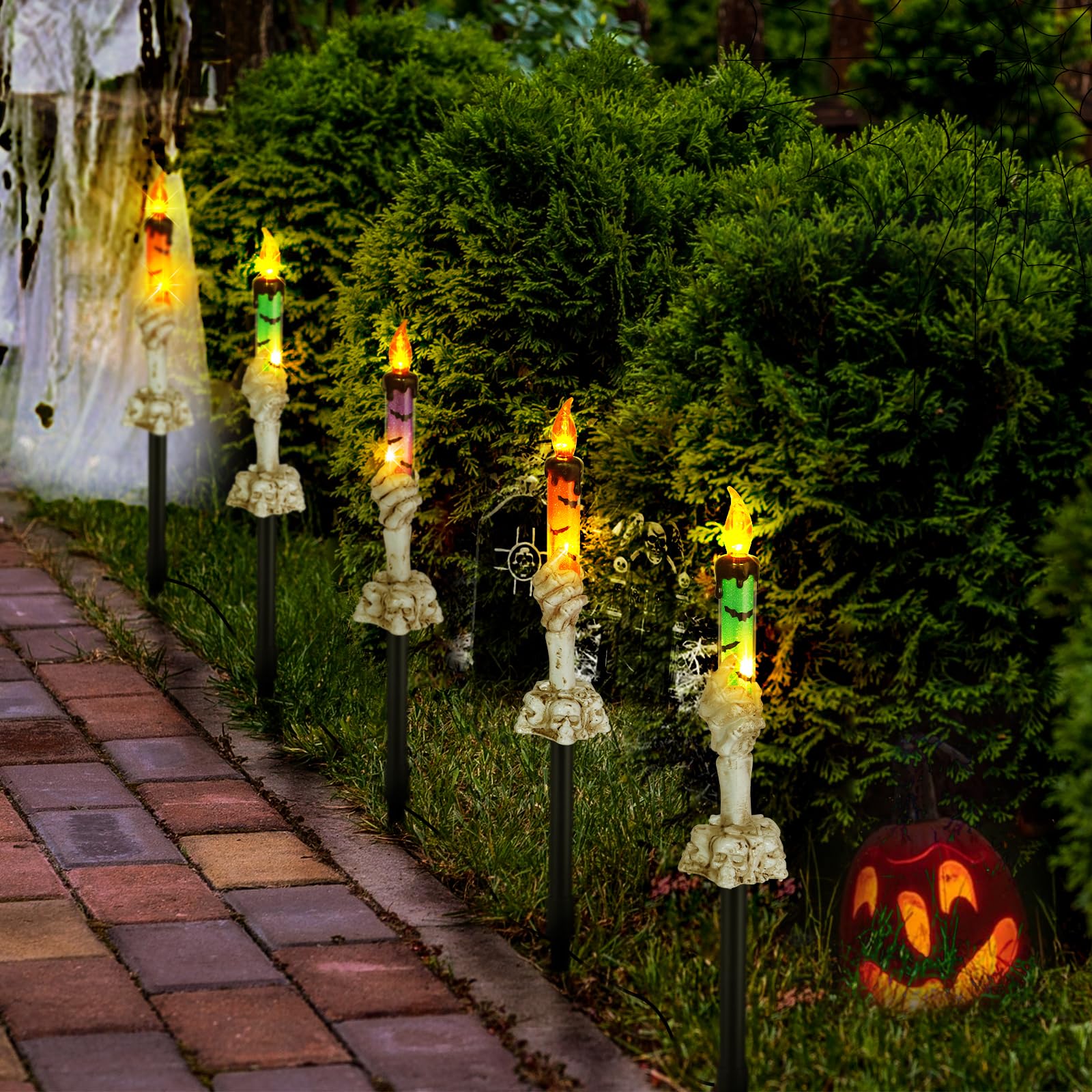 Solar Halloween Pathway Lights Outdoor 5 Pack Solar Halloween Stake Lights Skeleton Hands Hold Candle 2 Modes Halloween Decorations Halloween Walkway Lights for Halloween Garden, Yard, Lawn Decor