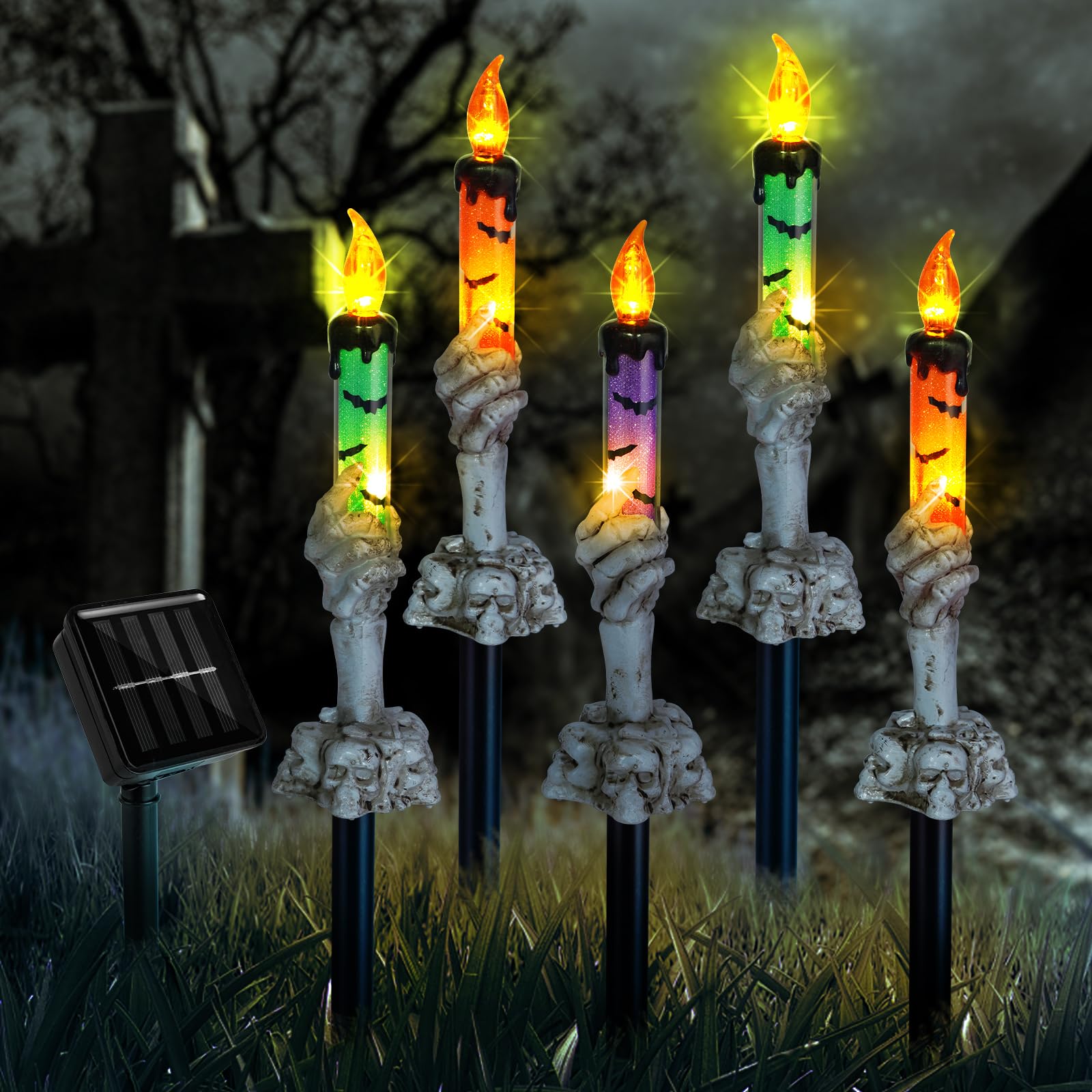 Solar Halloween Pathway Lights Outdoor 5 Pack Solar Halloween Stake Lights Skeleton Hands Hold Candle 2 Modes Halloween Decorations Halloween Walkway Lights for Halloween Garden, Yard, Lawn Decor