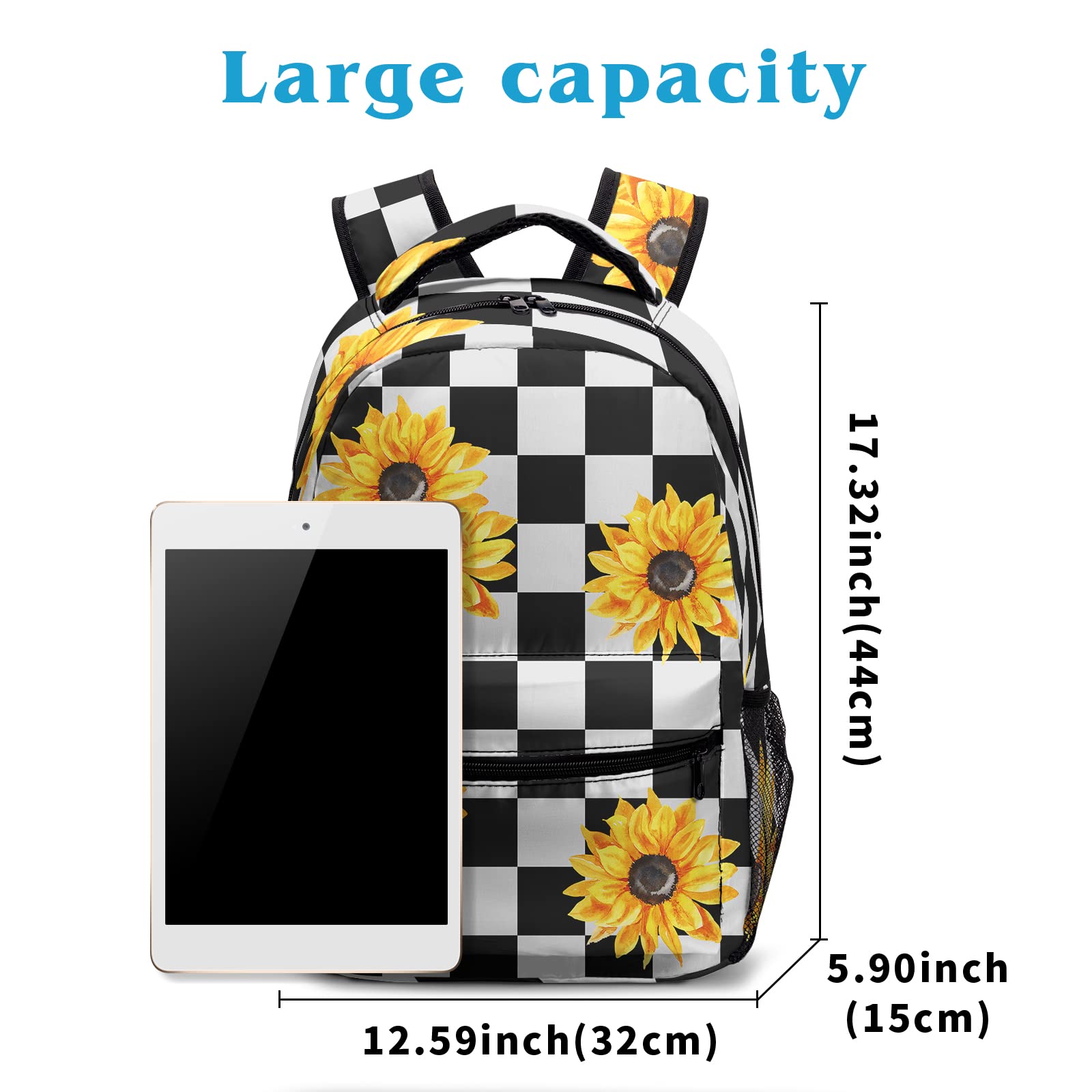 Dacawin Sunflower Floral Backpack Flower School Backpacks Durable Casual Black And White Check Plaid School Bookbag Daypack for Women Girls Kids