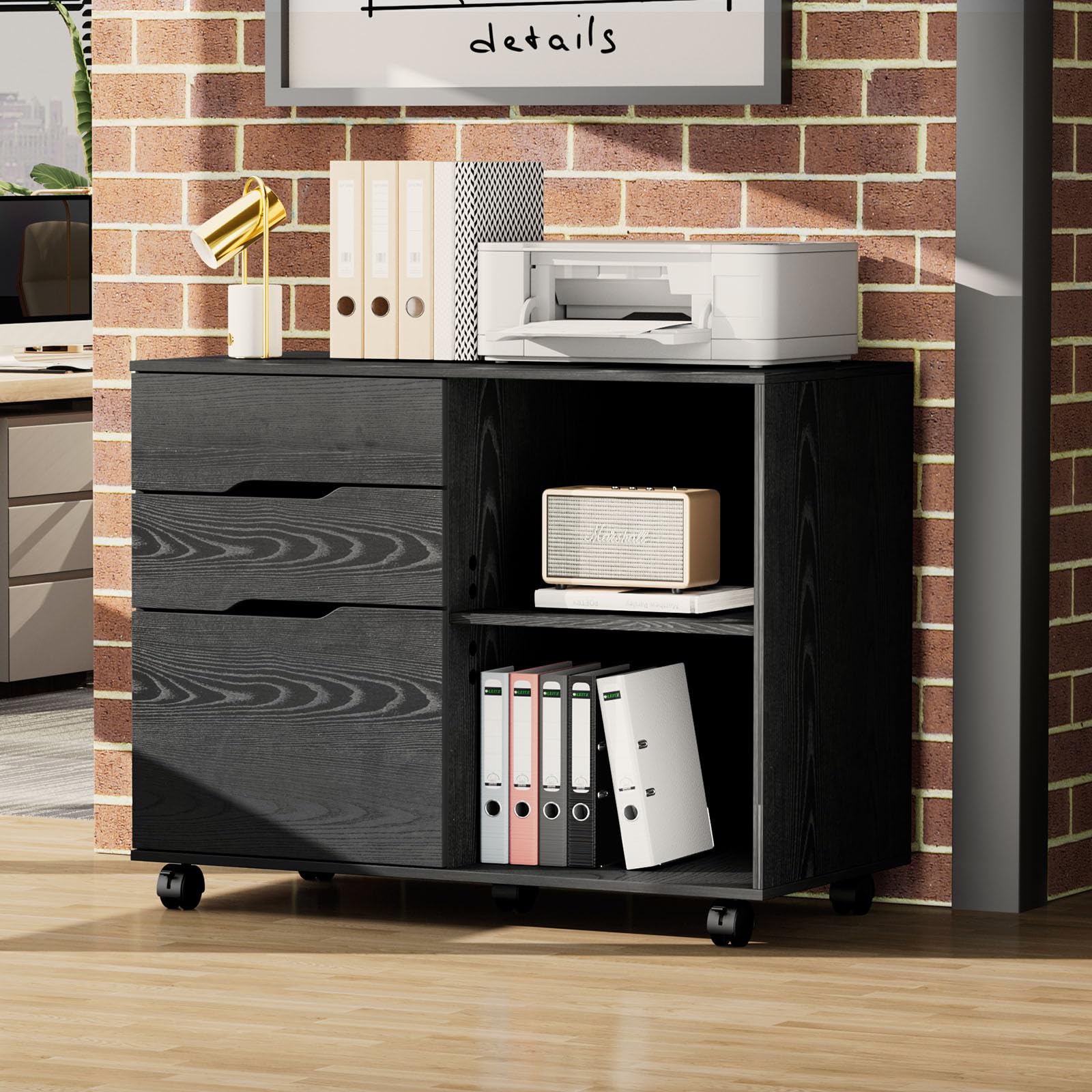 OLIXIS 3 Drawer Wood File Cabinet Small Mobile Lateral Printer Stand Storage with Open Shelf Shelves for Home Office
