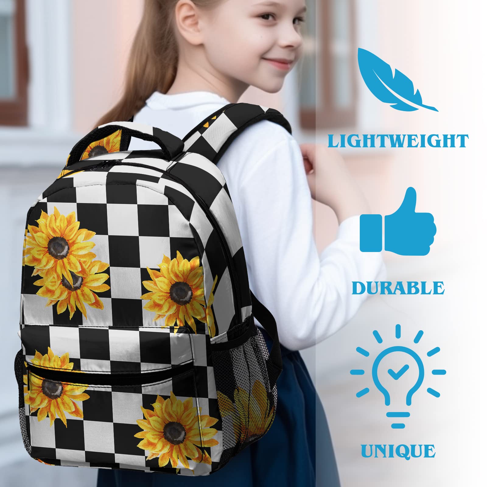 Dacawin Sunflower Floral Backpack Flower School Backpacks Durable Casual Black And White Check Plaid School Bookbag Daypack for Women Girls Kids