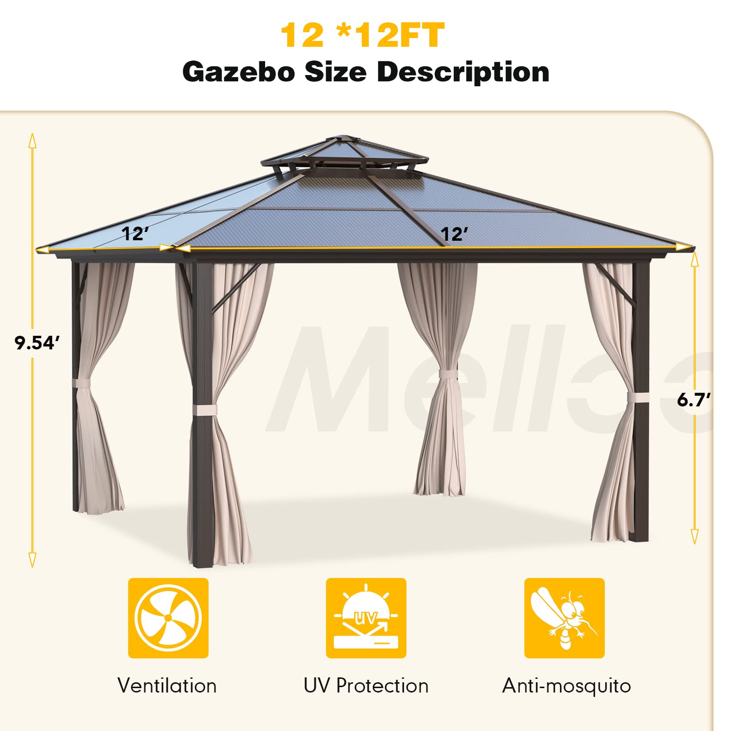 MELLCOM 12'x12' Hardtop Gazebo with Polycarbonate Double Roof, Aluminum Frame Outdoor Gazebo Permanent Pavilion with Curtains and Netting for Patio, Lawn & Garden