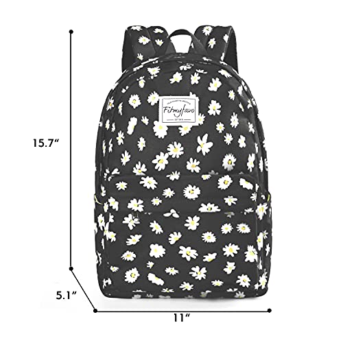 Fitmyfavo Black Daisy Daisy Printed Girl's Waterproof Laptop Backpack for Elementary to High School Students (15L, 14" Laptop Compatible, Large, Black Daisy)