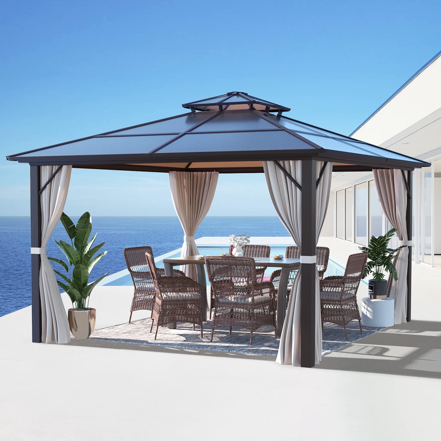 MELLCOM 12'x12' Hardtop Gazebo with Polycarbonate Double Roof, Aluminum Frame Outdoor Gazebo Permanent Pavilion with Curtains and Netting for Patio, Lawn & Garden