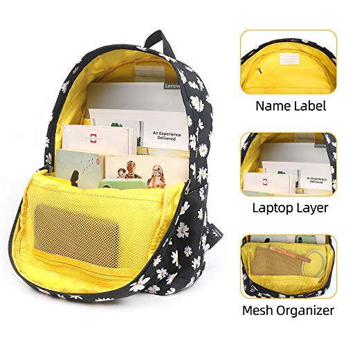 Fitmyfavo Black Daisy Daisy Printed Girl's Waterproof Laptop Backpack for Elementary to High School Students (15L, 14" Laptop Compatible, Large, Black Daisy)
