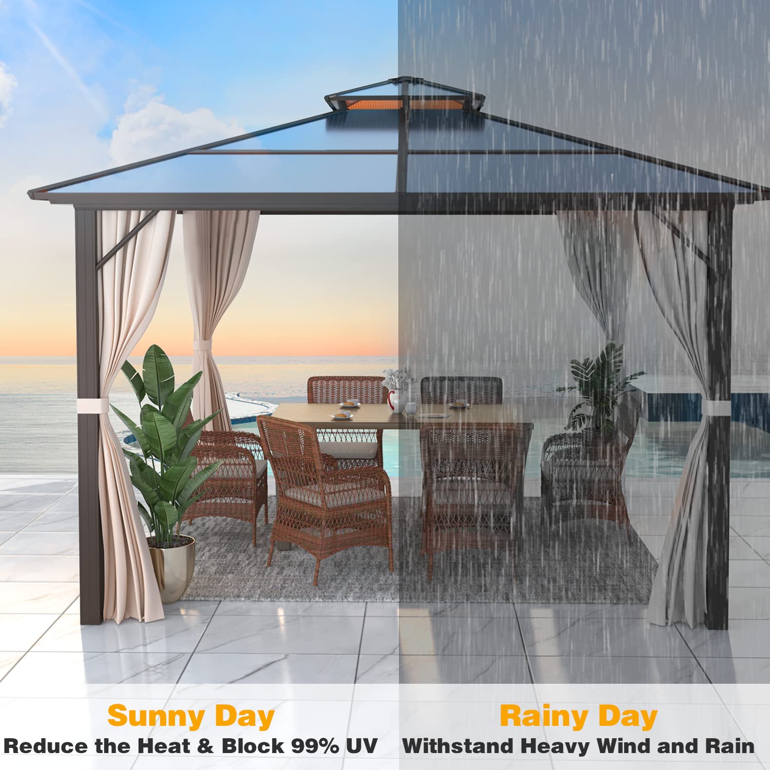 MELLCOM 12'x12' Hardtop Gazebo with Polycarbonate Double Roof, Aluminum Frame Outdoor Gazebo Permanent Pavilion with Curtains and Netting for Patio, Lawn & Garden