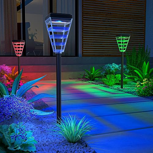 ROSHWEY Solar Lights Outdoor, Modern Solar Pathway Light Waterproof, Color Changing Outside Lights, Solar Powered Path Light, Decorative Landscape Lighting for Yard Garden Walkway Sidewalk, 4 Pack
