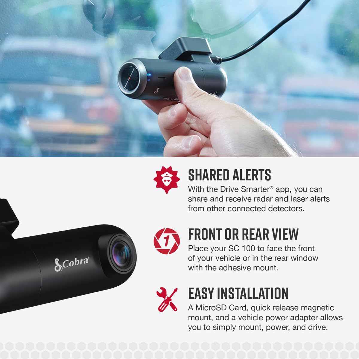 Cobra Smart Dash Cam (SC 100) - Full HD 1080P Resolution, Built-in WiFi & GPS, 140 Degree View, Live Police Alerts, Incident Reports, Emergency Mayday, Drive Smarter App, 8GB SD Card Incl., black
