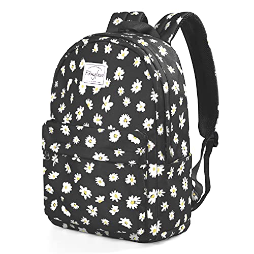 Fitmyfavo Black Daisy Daisy Printed Girl's Waterproof Laptop Backpack for Elementary to High School Students (15L, 14" Laptop Compatible, Large, Black Daisy)