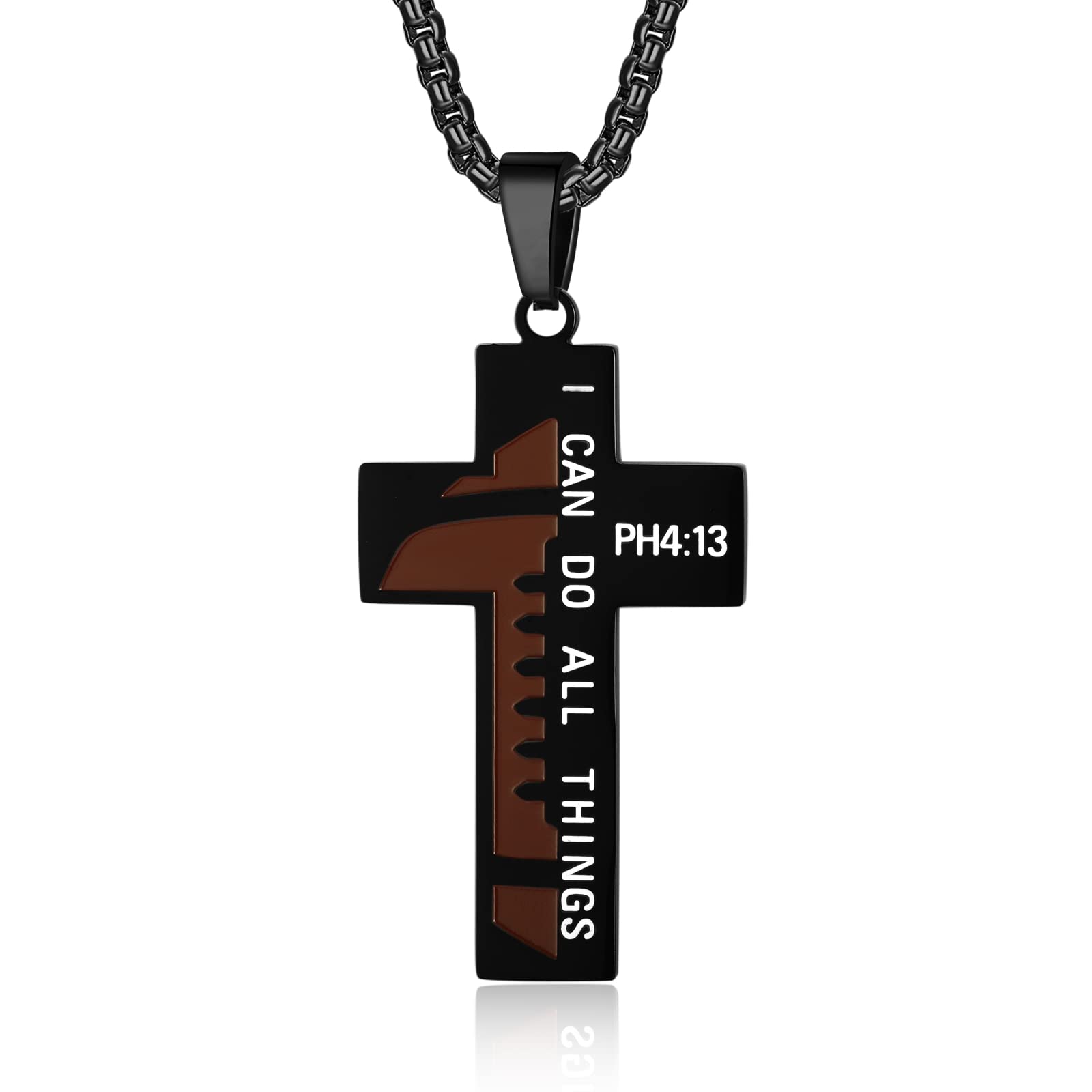Susook Football Cross Necklace for Men Bible Verse I CAN DO All Things Stainless Steel Sport Pendant for Men(Black)