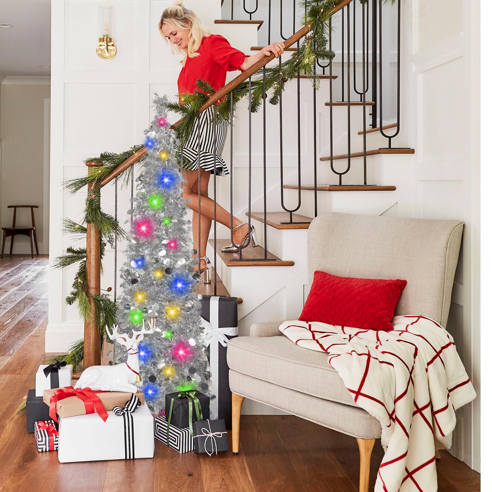 MACTING Christmas Pop up Tree with 50 LED Lights 5FT Silver Collapsible Easy-Assembly Coastal Glitter Tinsel Pencil Tree for Porch Apartment Corner Home Holiday Party Christmas Decorations