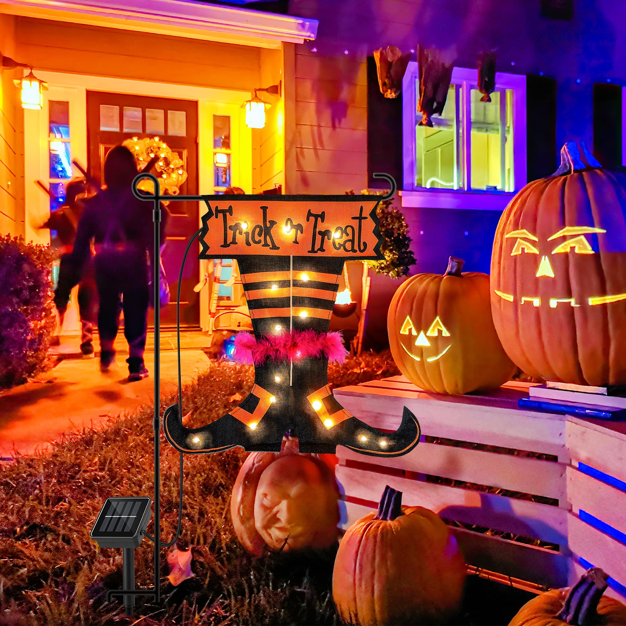 Qunlight Halloween Trick Or Treat Graden Flag lights without flag pole, Double Sided Witch Feet Flag Banner 17.1*17.2Inch ,16 Warm White LED with 8modes Solar Panel, Decorations for Outdoor,Yard ,Home