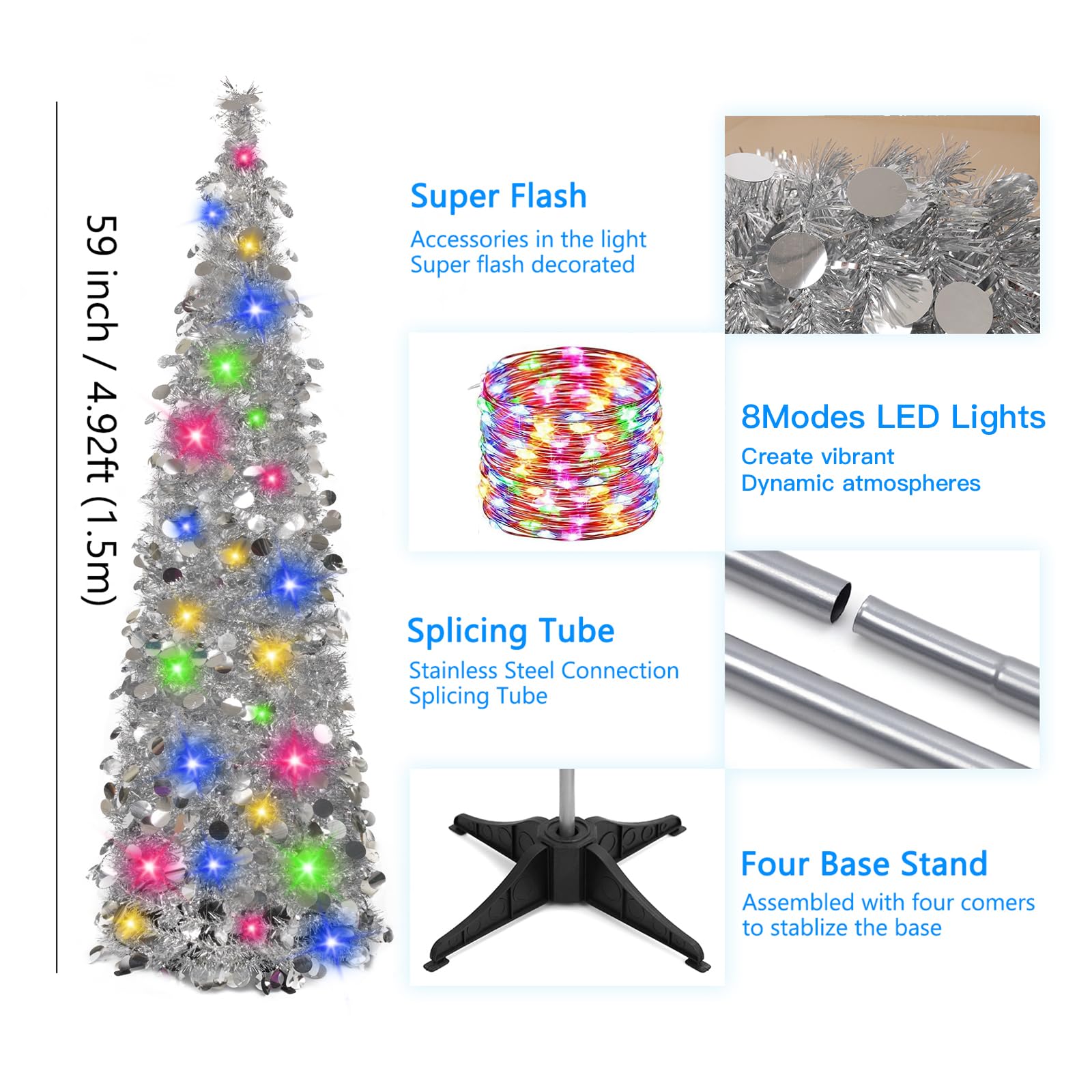 MACTING Christmas Pop up Tree with 50 LED Lights 5FT Silver Collapsible Easy-Assembly Coastal Glitter Tinsel Pencil Tree for Porch Apartment Corner Home Holiday Party Christmas Decorations
