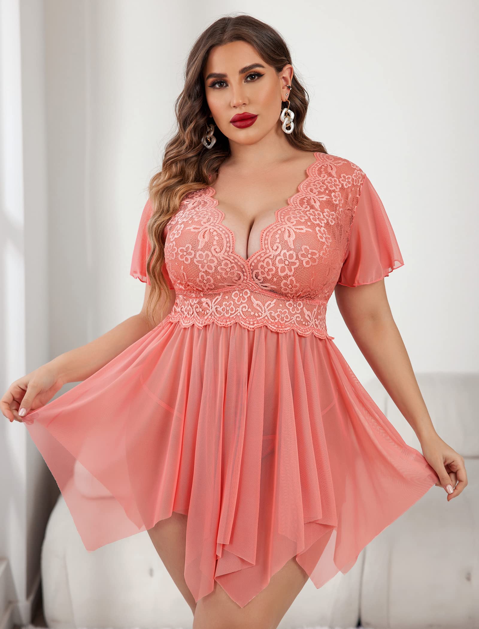 Avidlove Womens Plus Size Babydoll Floral Sexy Lace Teddy Lingerie Deep V Nighty Mesh Sleepwear Rose Pink
