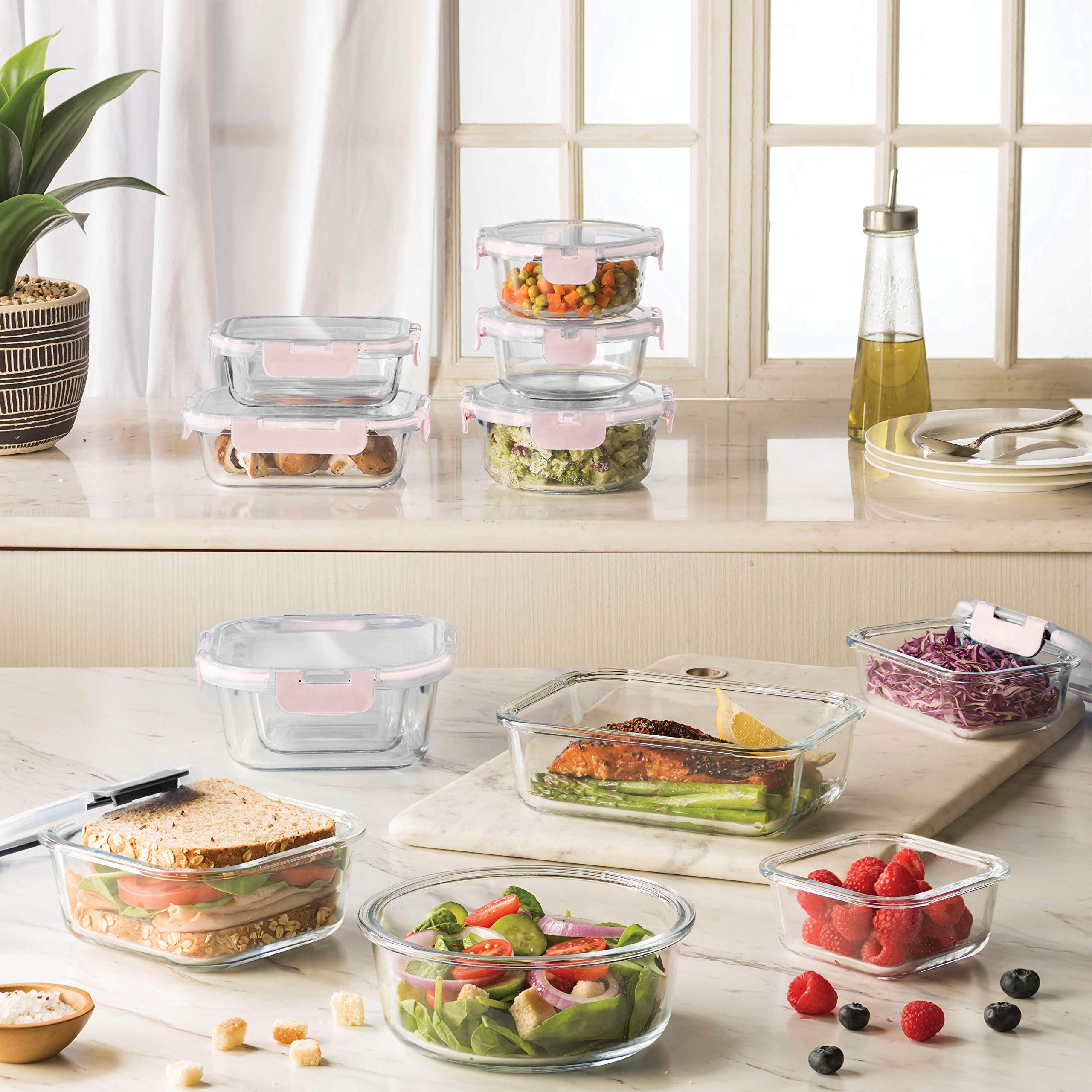 FineDine 24 Piece Glass Storage Containers with Lids - Leak Proof, Dishwasher Safe Glass Food Storage Containers for Meal Prep or Leftovers, Pink