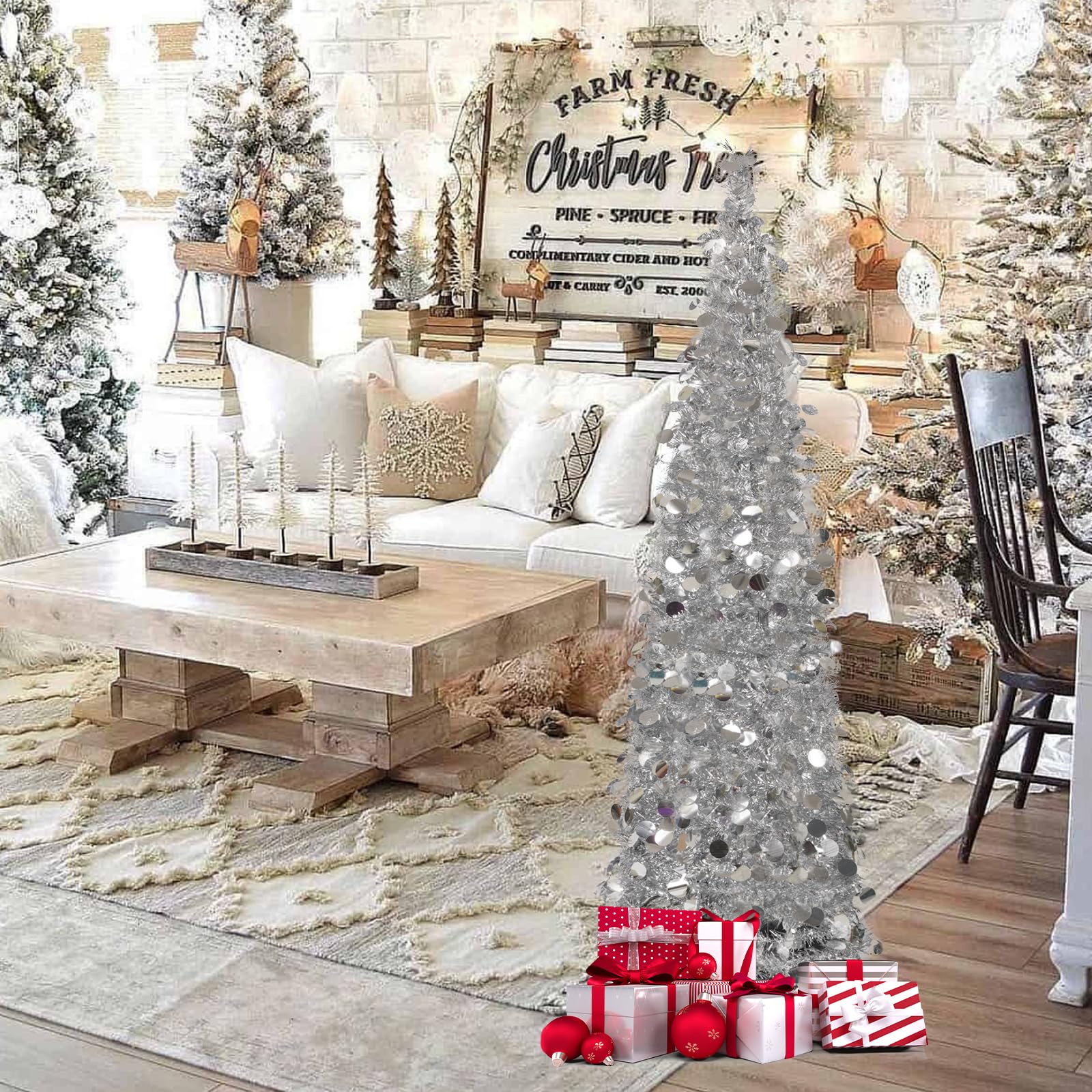 MACTING Christmas Pop up Tree with 50 LED Lights 5FT Silver Collapsible Easy-Assembly Coastal Glitter Tinsel Pencil Tree for Porch Apartment Corner Home Holiday Party Christmas Decorations