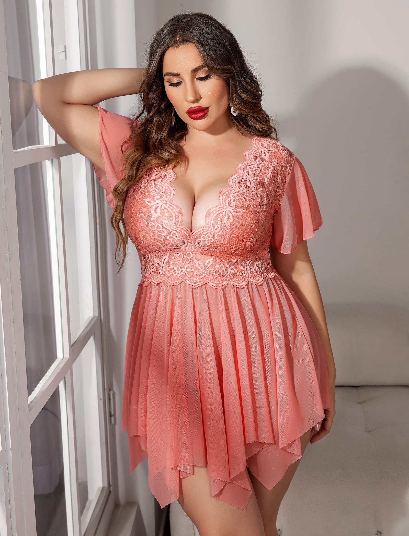 Avidlove Womens Plus Size Babydoll Floral Sexy Lace Teddy Lingerie Deep V Nighty Mesh Sleepwear Rose Pink