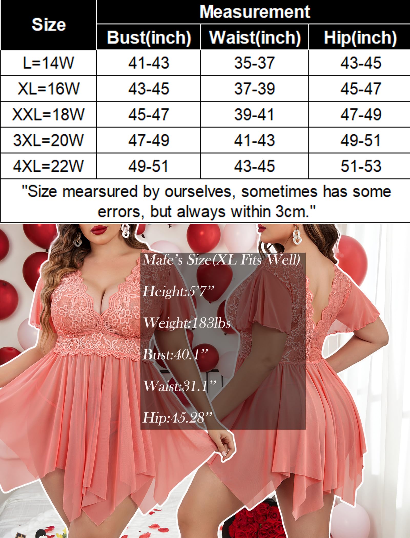 Avidlove Womens Plus Size Babydoll Floral Sexy Lace Teddy Lingerie Deep V Nighty Mesh Sleepwear Rose Pink