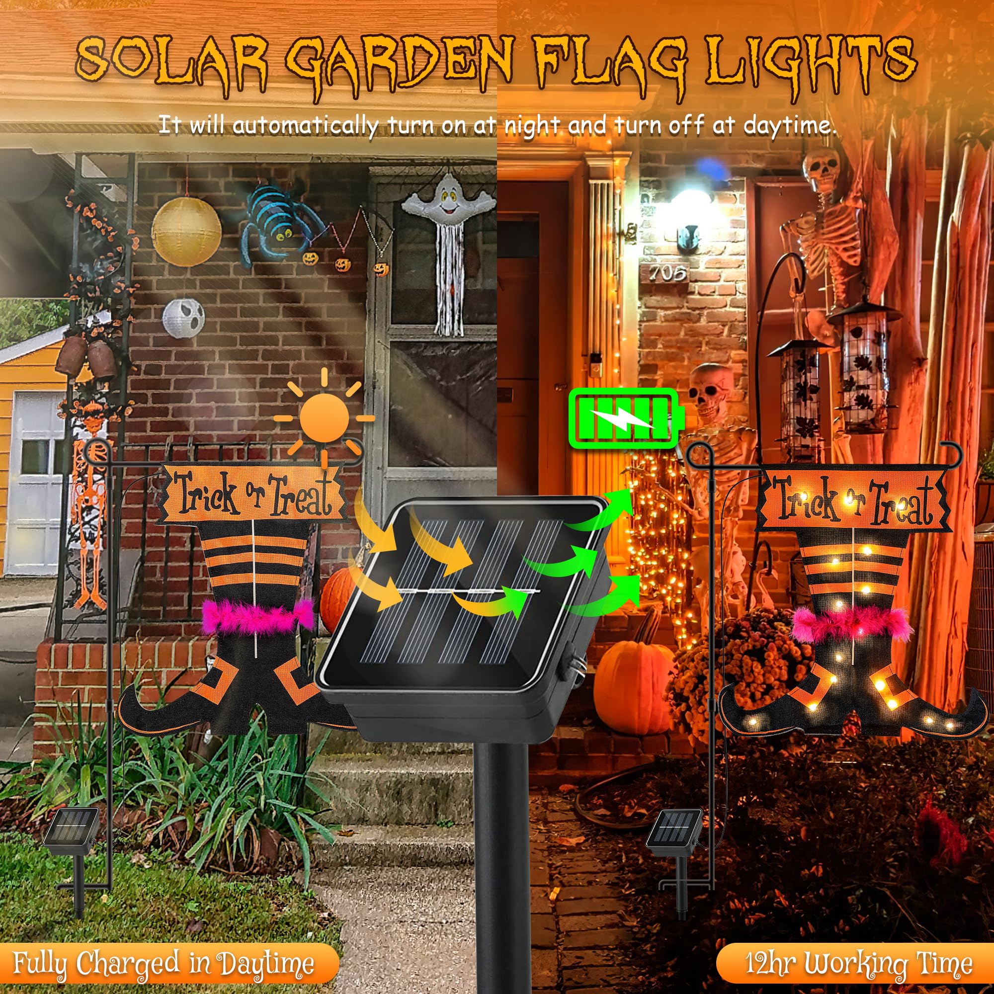 Qunlight Halloween Trick Or Treat Graden Flag lights without flag pole, Double Sided Witch Feet Flag Banner 17.1*17.2Inch ,16 Warm White LED with 8modes Solar Panel, Decorations for Outdoor,Yard ,Home
