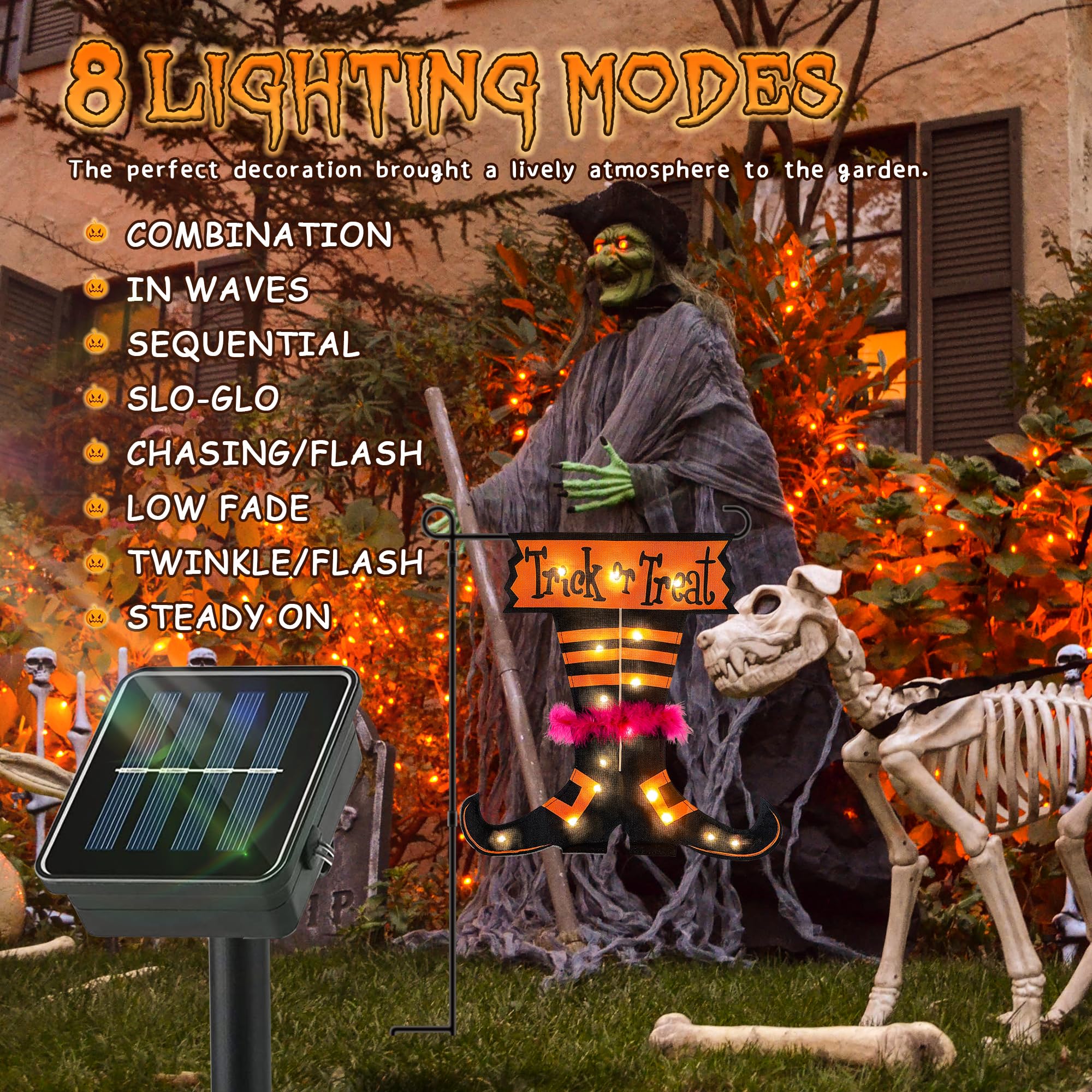 Qunlight Halloween Trick Or Treat Graden Flag lights without flag pole, Double Sided Witch Feet Flag Banner 17.1*17.2Inch ,16 Warm White LED with 8modes Solar Panel, Decorations for Outdoor,Yard ,Home