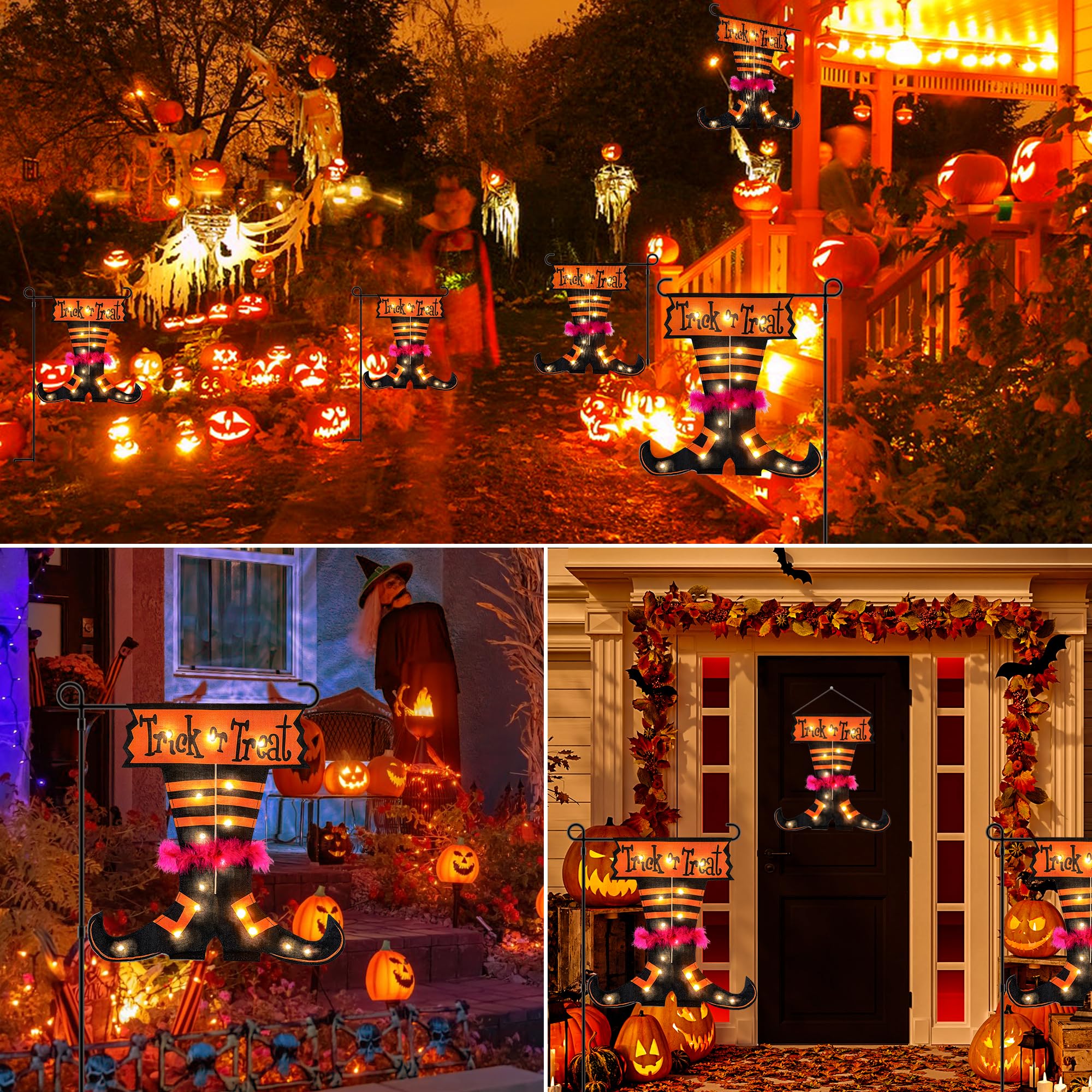 Qunlight Halloween Trick Or Treat Graden Flag lights without flag pole, Double Sided Witch Feet Flag Banner 17.1*17.2Inch ,16 Warm White LED with 8modes Solar Panel, Decorations for Outdoor,Yard ,Home
