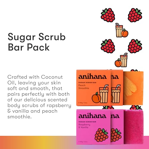 ANIHANA Sugar Scrub Soap Bars 4 Pack with Coconut Oil, Moisturizing, Exfoliating Body Scrub, Refreshing Raspberry Vanilla and Peach Smoothie Scents 3.6 Oz each