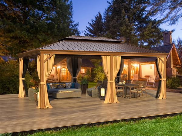EROMMY 14' x 20' Hardtop Gazebo, Wooden Finish Coated Aluminum Frame Gazebo with Galvanized Steel Double Roof, Brown Metal Gazebo with Curtains and Nettings for Patios, Gardens, Lawns