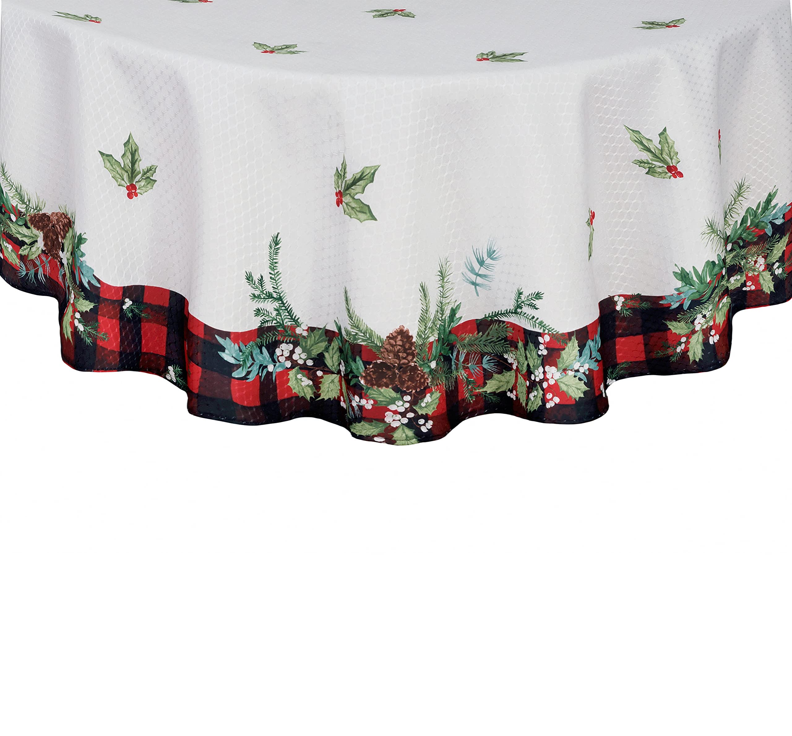Lintex Aspen Red Black Plaid and Garland Bordered Christmas Tablecloth, Cottage Check Bordered Xmas and Holiday Print Easy Care Fabric Tablecloth, 70 Inch Round